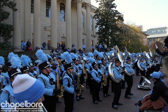 The UNC Marching Band stopped in front of Wilson Library-001 ...